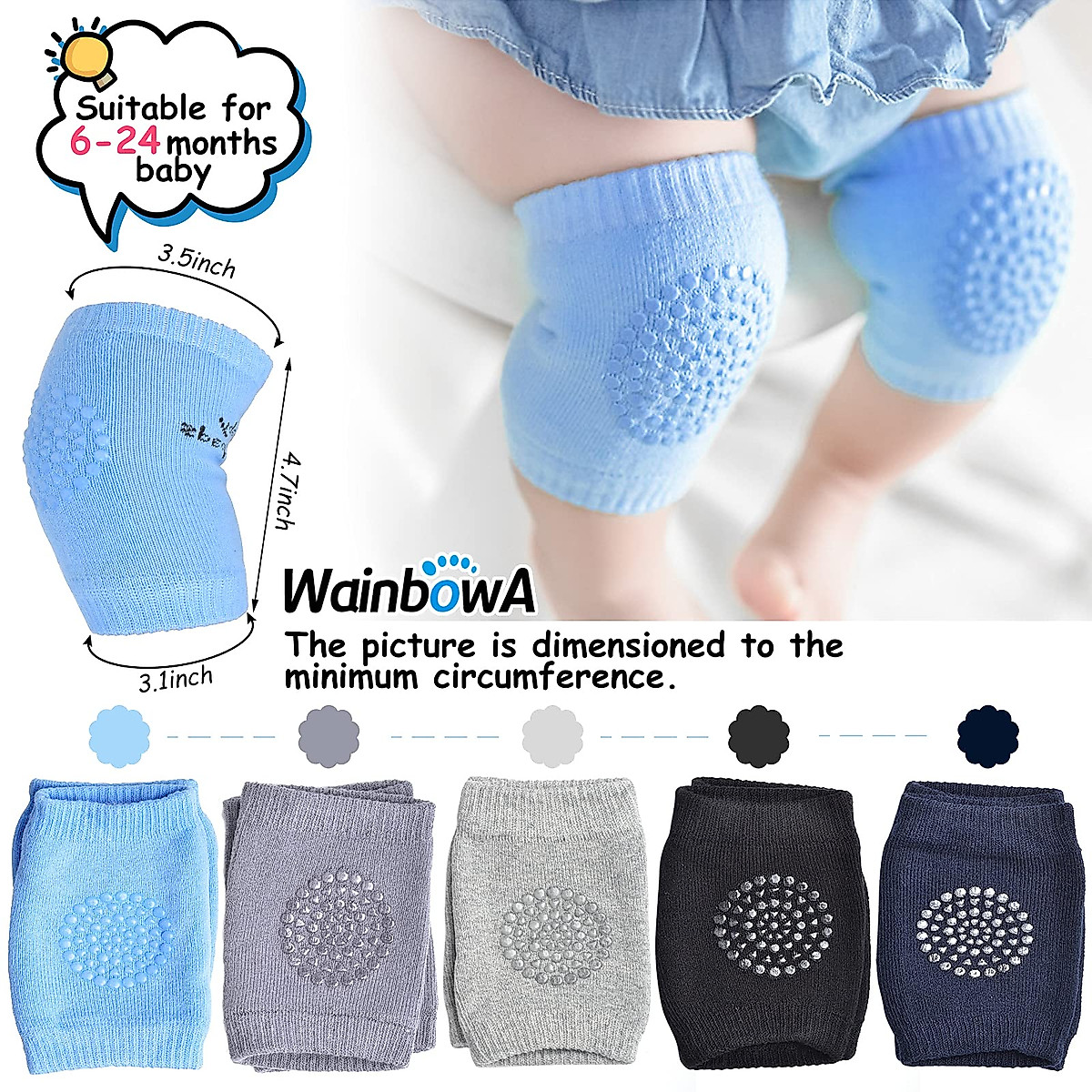WainbowA Baby Crawling Anti Slip Knee Pads, Protect Infants & Toddlers Knees, Elbows and Legs, Unisex Baby Toddlers Kneepads, Learn to Socks Children Short Kneepads 5 Pairs, Babies Leg Warmers