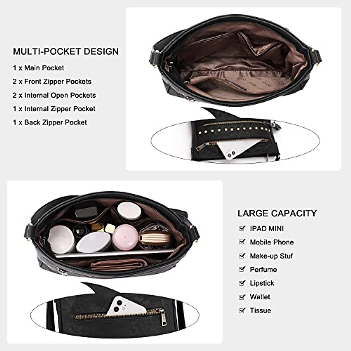 CLUCI Crossbody Bags Purses for Women, Leather Messenger Tassel Bag, Medium Travel Handbags Multiple Pockets, Fall Vintage Shoulder Bags Black