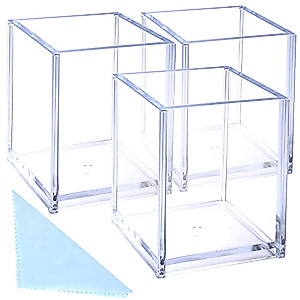 Acrylic Pen Holder, 3 Pcs Clear Acrylic Pencil Holders for Desk, Makeup Brush Holder Cup Organizer, Pen Holder Stationery Storage Desktop Accessories for Office School Supplies (with Cleaning Cloth)
