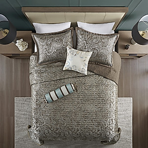 Madison Park Aubrey Reversible Quilted Bedspread Set, Solid Reverse Summer Breathable, Lightweight All Season Bedding Layer, Matching Shams, Bedspread King(120"x118"), Blue 5 Piece