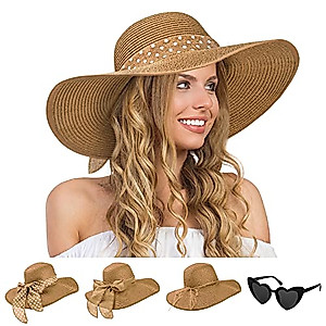 Womens Sun Hat - Wide Brim Floppy Beach Hats for Women Foldable Straw Hat with Heart Shaped Sunglasses UPF 50+, A-Khaki
