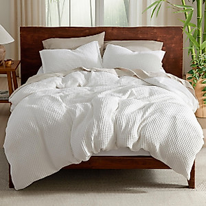 Bedsure Waffle Duvet Cover King - Moisture-Wicking Cotton Blend Rayon Derived from Bamboo Duvet Cover for Hot Sleepers, Cooling Bedding Set with a Vintage Charm, 3 Pieces (Coconut White, 104"x90")
