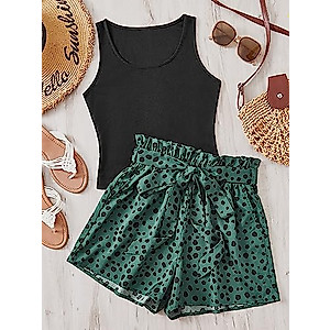 SOLY HUX Women's 2 Piece Outfits Summer Scoop Neck Tank Top and Allover Print Belted Shorts Set Black and Green XL