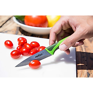 Zyliss Classic Paring Knife Set with Sheath Cover - Precision Knife for Cutting, Slicing & Peeling - Small Culinary 3 ¼” Paring Knife & 3 ¾” Serrated Knife - Carbon Stainless Steel Blade - Red/Green