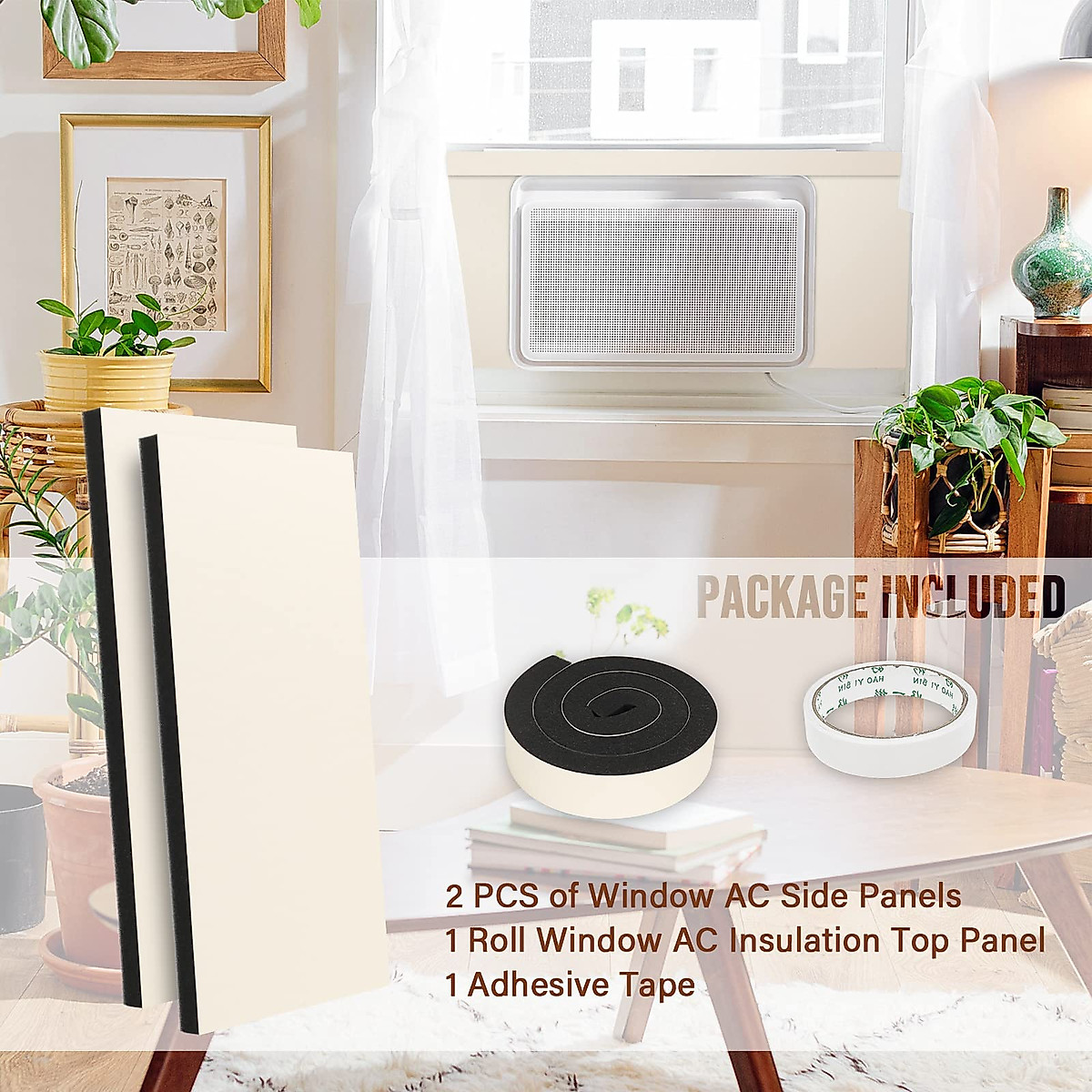 BEWAVE Window Air Conditioner Insulation Foam Panels, AC Side Surround Panels Kit with Top Seal Strip for AC Unit Indoor 2 Pack