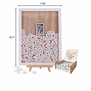 Wedding Guest Book, Y&K Homish Drop Top Frame Sign Book with 100PCS Wooden Hearts, Rustic Wedding Decorations and Gift (White Wooden Frame + Picture/ Photo)