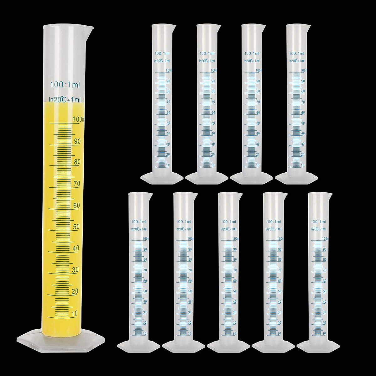 10Pack 100ml Plastic Graduated Cylinder, Transparent Measuring Cylinder Durable Lab Test Tube Flask, 2-Sided Measuring Lines Graduated Cylinder Beaker for Science Projects, Pour Spout