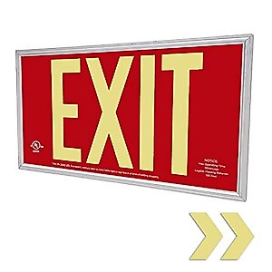 LFI Lights | Aluminium Photoluminescent Red Exit Sign | 50' Viewing Distance | Aluminum Frame | Wall, Ceiling, or Side Mount | Single Sided | Optional Adhesive Arrows | UL Listed | PA2-R-50-S