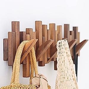 DESAINOPH® Wooden Coat Rack Wall Mounted Sticks Multi Rack Solid Handmade Natural Walnut Wood Artwork with 5 Flip-Down Unique Modern Hooks for Coats Bag Hat Umbrella