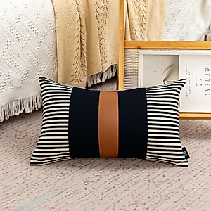 Vfuty Brown and Black Decorative Pillow Cover Set of 2, Farmhouse Stripe Pillow Cover 12x20 Modern Faux Leather Accent Pillow Case for Couch Sofa Bed Boho Patchwork Cushion Cover