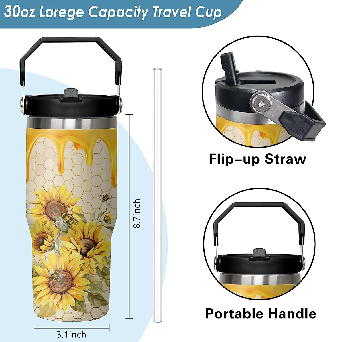 Queen Hero 30 oz Bee Tumbler with Handle, Large Insulated Tumbler with Flip & Straw Coffee Mug Cup Stainless Steel Gifts for Women Men Youth