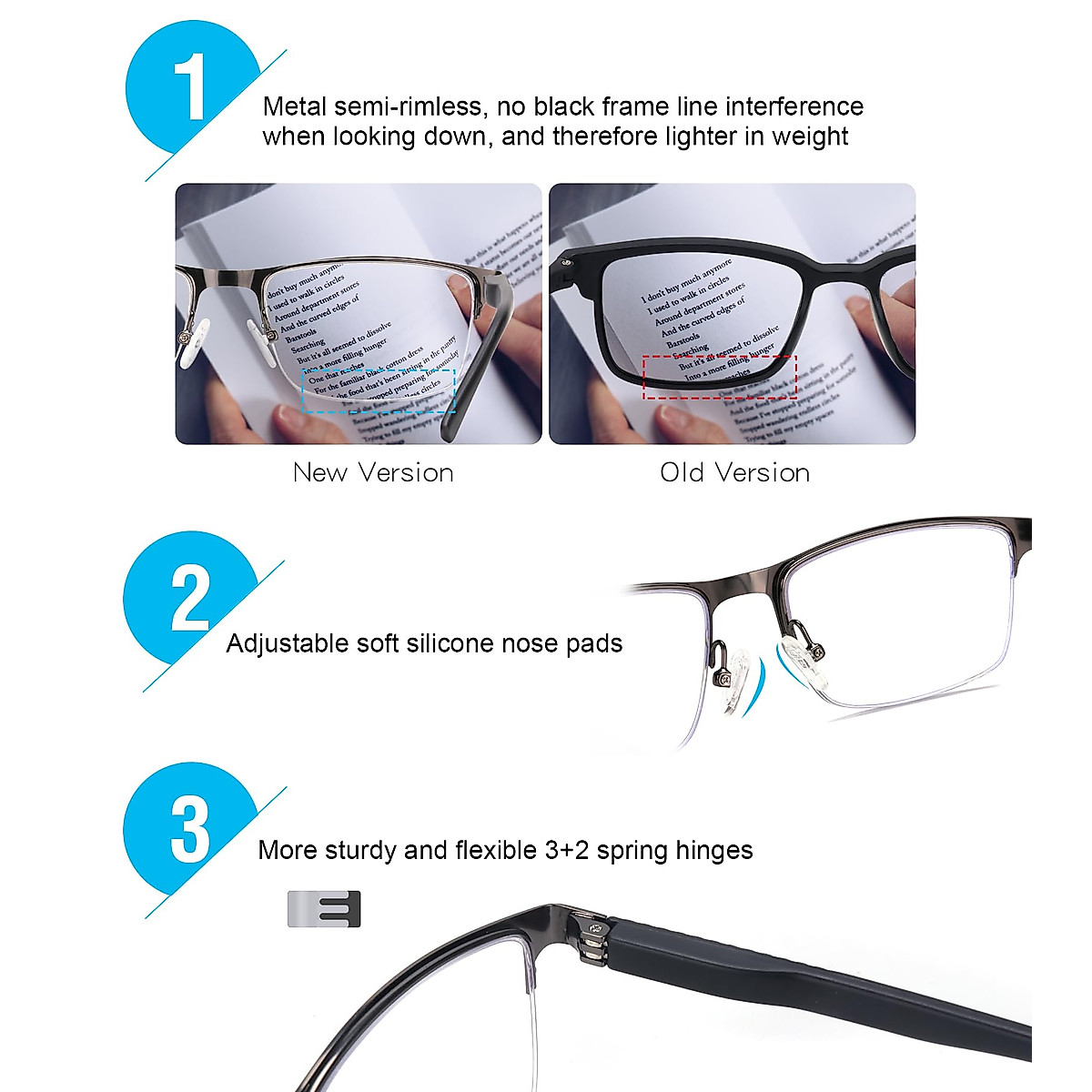 Missfive 2 Pack Mens Quality Progressive Multifocus Reading Glasses Blue Light Blocking, Man Spring Hinge No-Line Multifocal Readers Half Frame Metal Eyeglasses (Workspace For Near Range, 2.5x)
