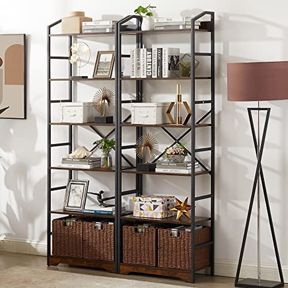 Vagusicc 6 Tier Bookshelf with 2 Storage Baskets, Tall Bookcase Shelf Storage Organizer Wood Book Shelf, Modern Shelf Rack Shelves with Steel Frame, Multipurpose Bookshelf for Bedroom Living Room