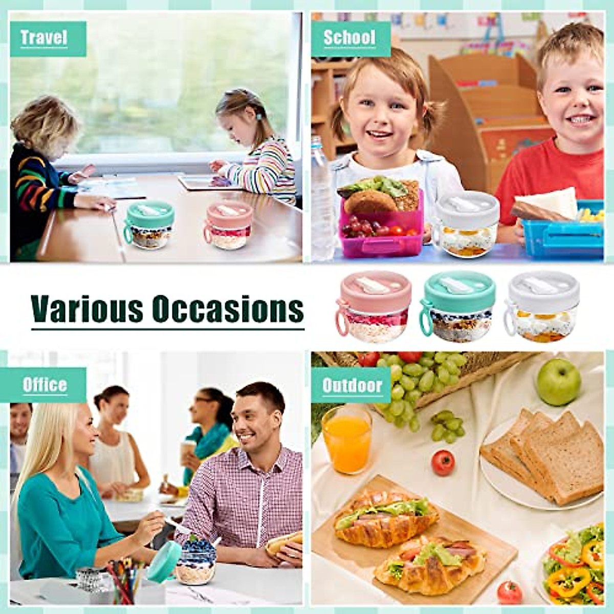 Rtteri 3 Pcs 20 oz Large Overnight Oats Containers with Lids and Spoons Plastic Yogurt Jars Leakproof Overnight Oats Jars with Lids Smoothie Containers Cups for Food Storage, 3 Colors