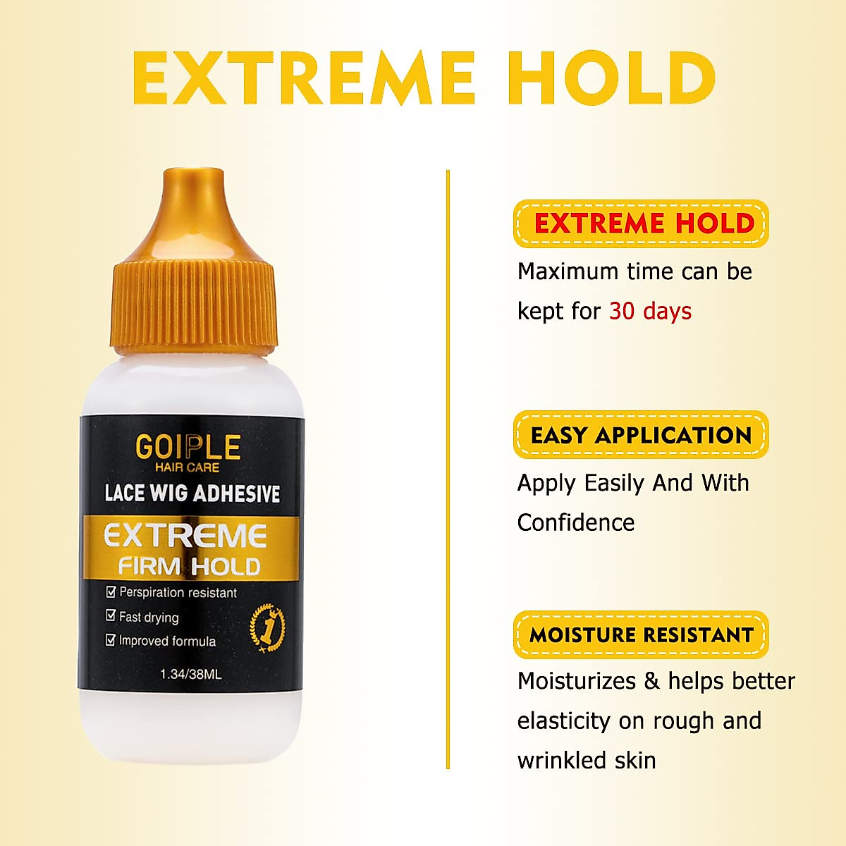 Goiple Wig Glue 1.34OZ, Waterproof Lace Front Wig Glue for Wigs, Strong Hold Transparent Lace Adhesive for Hair Replacement (38ML)