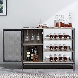Fashionwu 42 Inches Wine Cabinet with Storage Shelf, Industrial Bar Cabinet with Removable Wine Rack and Glass Holder, Wood Freestanding Wine Rack Cabinet for Liquor and Glasses(Gray)