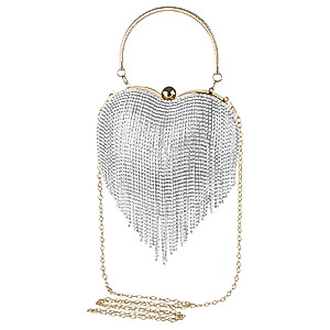 Women Heart Shape Crystal Tassel Evening Clutch Bag, Single-Sided Rhinestones Lady Party Wedding Crossbody Shoulder Ring Handle Handbag (Not Compatible with Phone) (Silver)