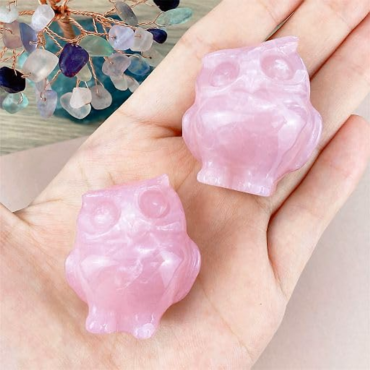 YATOJUZI Owl Decor Rose Quartz Natural Healing Crystals Stones Pink Cute Decors Owls Statues Figurines Sculpture Hand-Carved Gemstones Energy Reiki Home Room Office Desk Decoration Gifts for Women Men