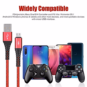 XUANMEIKE Charger Cable for Xbox One Controller, 2 Pack 10FT Super Long Nylon Charging Cable, Compatible with Xbox One S/X, PS4 Slim/Pro Controller, Android Phone (Black & Red)