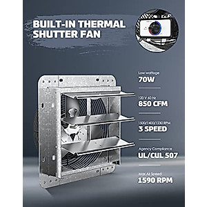 iLIVING 14" Wall Mounted Shutter Exhaust Thermostat Control-3 Speeds Vent Fan For Home Attic, Shed, or Garage Ventilation, 850 CFM, 1300 SQF Coverage Area, Variable, Silver