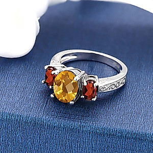 Gem Stone King 925 Sterling Silver Oval Checkerboard Yellow Citrine and Red Garnet 3-Stone Women Ring (2.70 Cttw, Gemstone Birthstone, Available In Size 5, 6, 7, 8, 9)