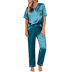Ekouaer Women's Satin Silky Pajama Set Short Sleeve T Shirt with Long Pant Pj Set Two Piece Pj Loungewear Blue