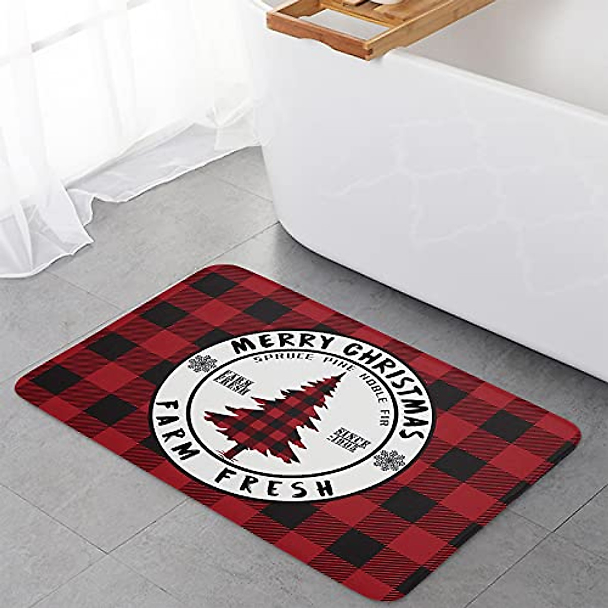Bathroom Floor Rugs Merry Christmas Sponge Doormat Absorbent Non Slip Durable Flannel Mat Farm Fresh Christmas Tree Red Buffalo Plaid Christmas Memory Foam Mats for Bathroom Kitchen20 x 31.5 inches