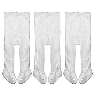 EPEIUS 3 Pairs Pack Newborn Girls Tights Baby Girls Boys Seamless Cable Knit Leggings Solid Cotton Tights Footed Pants for 0-3 Months,White