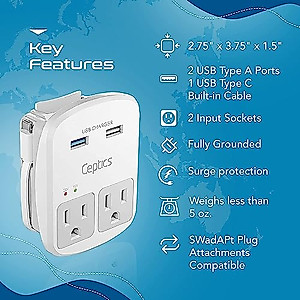 Ceptics Safest Travel Adapter Kit, Dual USB for iPhone, Chargers, Cell Phones, Laptop Perfect for Travelers - 3.6A with Qc. 3.0 Charge Faster