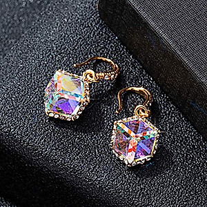 Austrian Crystal Cube Drop Dangle Earrings for Women 14K Gold Plated Hypoallergenic Jewelry (Aurora Borealis)