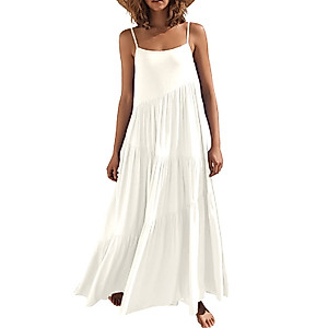 ANRABESS Women’s Summer Casual Loose Sleeveless Spaghetti Strap Tiered Asymmetric Beach Maxi Long Dress 523bai-L White