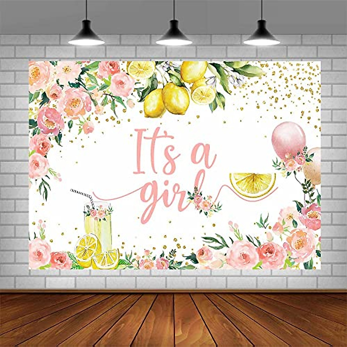 AIBIIN 7x5ft Lemon Baby Shower Backdrop It's A Girl Pink Flowers Balloons Photography Background Baby Shower Party Decorations Banner Cake Table Photo Booth Props