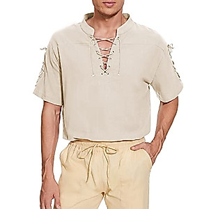 Men's Pirate Shirt Renaissance Medieval Retro Steampunk Gothic Viking Lace up T Shirt Ren Faire Halloween Costume Top 01 Beige Medium