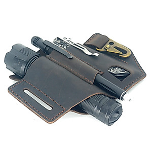 COLEAT Genuine Leather Multitool Sheath for Belt, Leather Man Sheath for Men, Leather EDC Pocket Organizer with Pen Holder, Flashlight Sheath, Keychain Clip, Knives Sheath Holster Dark Brown