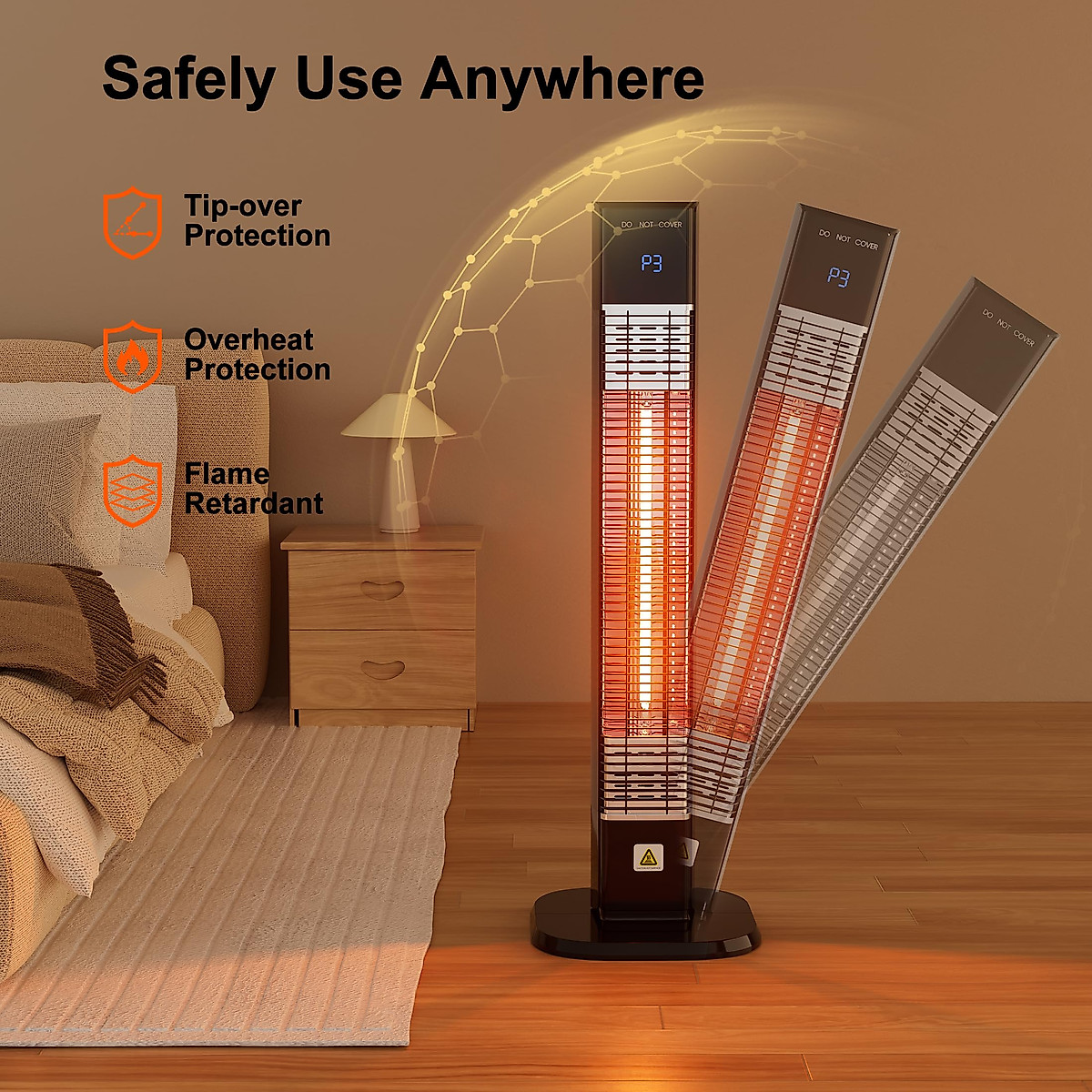 AKIRES Space Heater for Large Room,34IN Portable Electric Tower Heater with IP44 Waterproof,24H Timer,Remote,3 Heating Modes,Infrared Heater for Living Room Bedroom Office Bathroom Indoor Outdoor Use