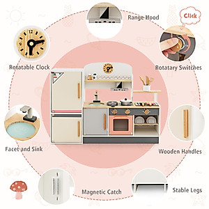 Costzon Kids Kitchen Playset, Pretend Play Kitchen with Refrigerator, BBQ Grill, Oven, Range Hood, Faucet & Sink, Dish Rack, Wooden Toy Kitchen Set for Toddlers, Gift for Boys Girls Age 3+ (One-Piece)