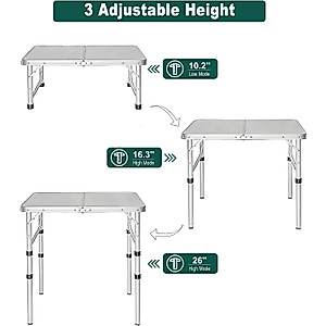 REDCAMP Small Camping Table 2 Foot, Portable Aluminum Folding Table Adjustable Height Lightweight for Picnic Beach Outdoor Indoor, White 24 x 16 inch (3 Heights)