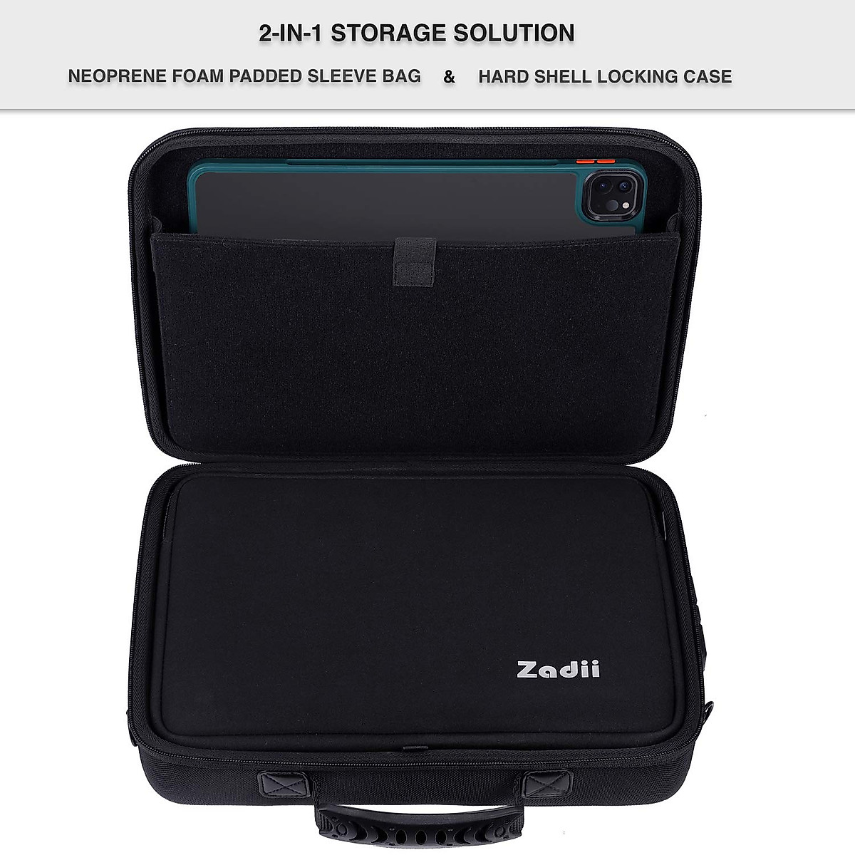 Zadii Hard Shell Locking Carrying Case for 12-14 inch Macbook Pro Macbook Air and iPad Pro, also Compatible with Surface Pro 8/X/7/6/5, Come with Protective Sleeve Bag