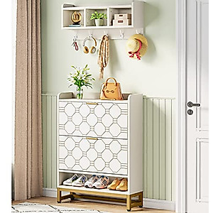 Tribesigns Shoe Storage Cabinet with Cubby Coat Rack, 3-in-1Design Free Standing Entryway Shoe Rack Cabinet with 2 Flip Drawers,5 Hooks,3 Storage Cubbies for Hallway, Mudroom, White and Gold