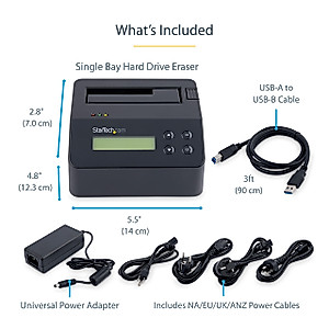 StarTech.com Single Bay Hard Drive Eraser, Standalone HDD/SSD Disk Wiper/Sanitizer, 4Kn, USB 3.0 to SATA III, 9 Erase Modes, LCD, RS232 Printer Port, Hardware Erasing Tool, TAA Compliant (SDOCK1EU3P2)