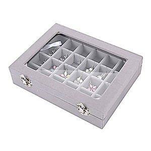 Ivosmart 24 Section Velvet Glass Jewelry Ring Display Organiser Box Tray Holder Earrings Storage Case (Grey)