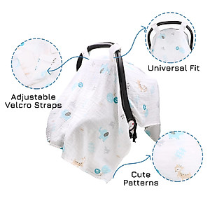 Muslin Baby Car Seat Cover, Cotton Infant Carseat Canopy for Girls and Boys, Lightweight Breathable Baby Carrier Cover, Newborn Shower Gifts, Elephant