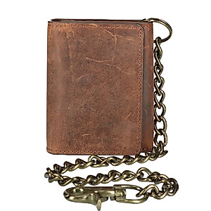 CTM® Men's Crazy Horse Leather RFID Trifold Chain Wallet, Brown