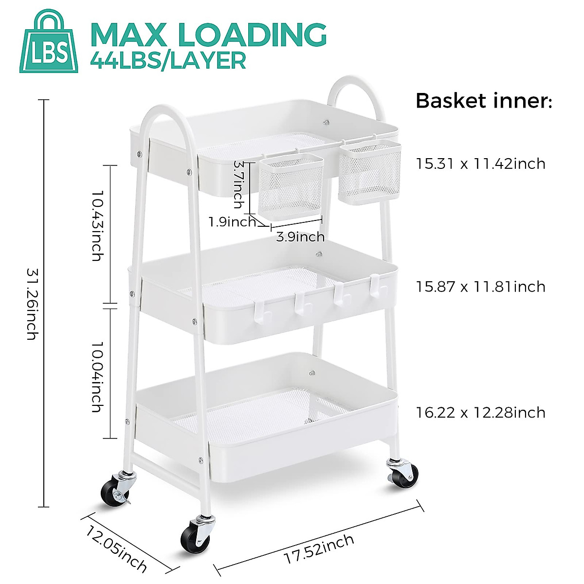 KINGRACK 3-Tier Rolling Cart, Metal Rolling Storage Cart with Handle and Lockable Wheels, 2 Hanging Baskets & 4 Hooks, Utility Cart for Kitchen, Bathroom, Office, White