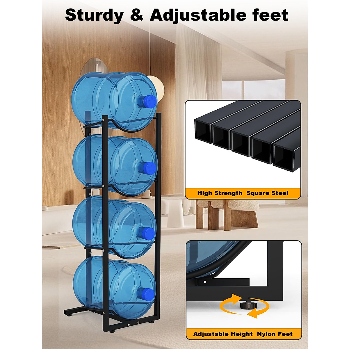 MYLOLF 3&5 Gallon Water Jug Holder: 3 4 5 6 Tier Storage 5 Gallon Coller Water Bottle Rack - 5 Gal Stackage Container Organizer Stand for Home Kitchen Garage（4 Tier）