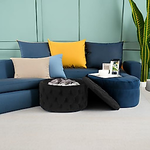 Homebeez 28 Inch Round Velvet Storage Ottoman, Button Tufted Footrest Stool Coffee Table for Living Room, Black