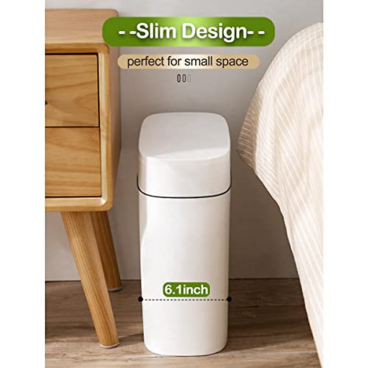 COMODID 14 Litre Trash Can with Press Top Lid, 3.7 Gallons Plastic Garbage Bin, Slim Wastebasket for Bathroom, Kitchen, Toilet, Office, Room, Bedroom, White lid Without Brush