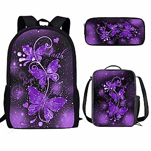 Dolyues Kids Girls Backpack School Bookbag 3pcs Sets, Purple Butterfly Hope Love Print Travel Daypack Lunchbox and Pencil Case Lightweight Rucksack