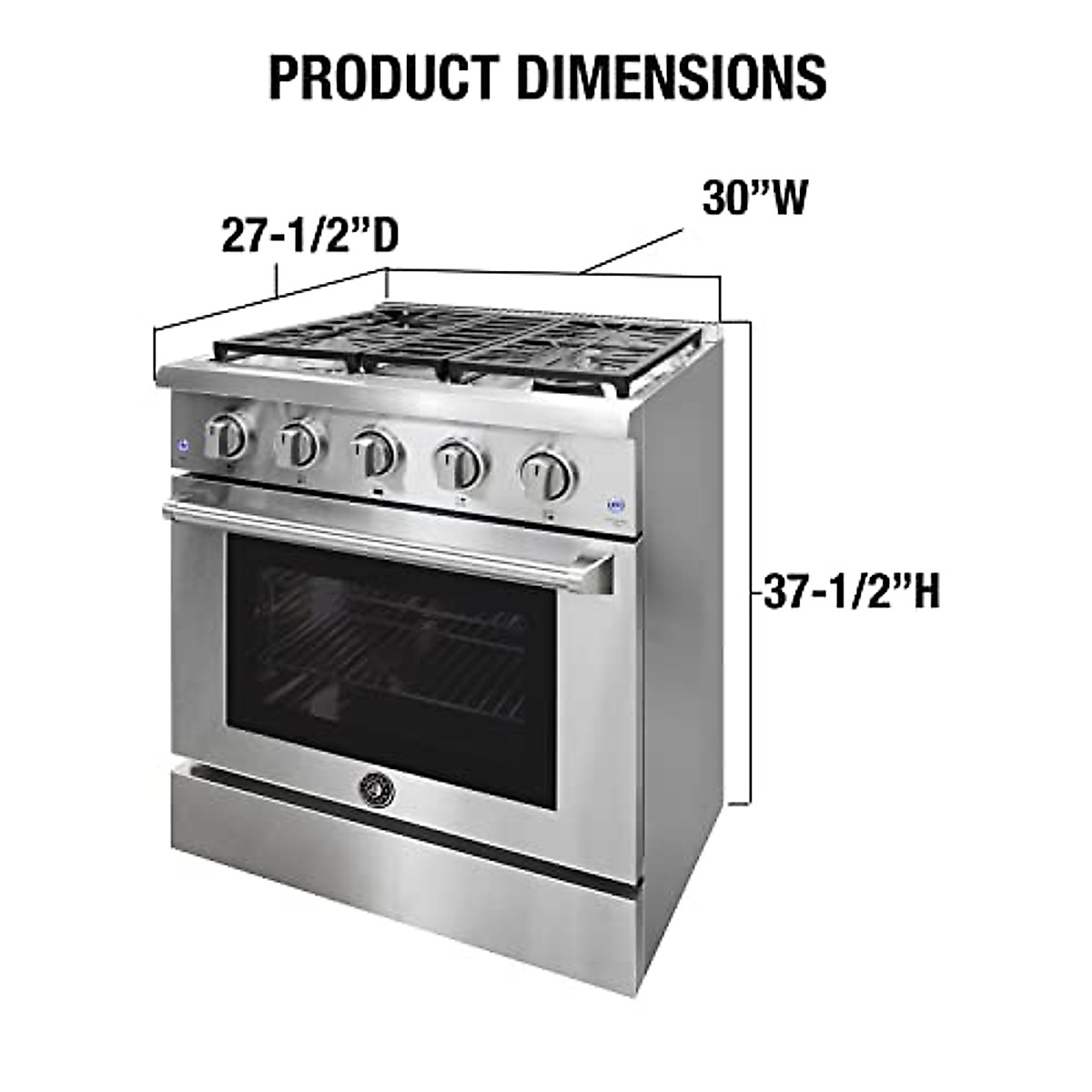 BRAMA Gas Range with 4 Burner Cooktop, Freestanding 30-Inch with Porcelain Convection Oven and Broil Function, Continuous Grates with Stainless Steel Construction, 4.2 Cu.Ft., Metallic