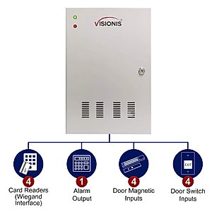 Visionis VS-AXESS-4DLX Version 2 Four Door Professional Access Control Panel Controller Board and Power Supply Cabinet with TCP/IP Wiegand Software 20,000 Users + Fire Alarm Extension Board